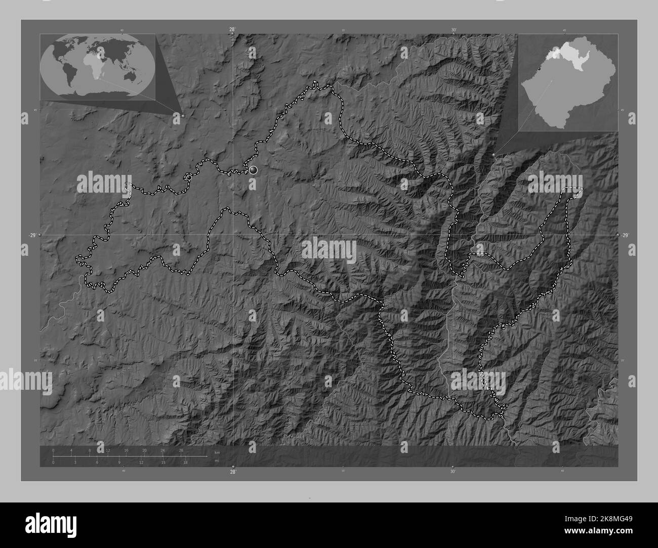 Leribe, district of Lesotho. Grayscale elevation map with lakes and ...