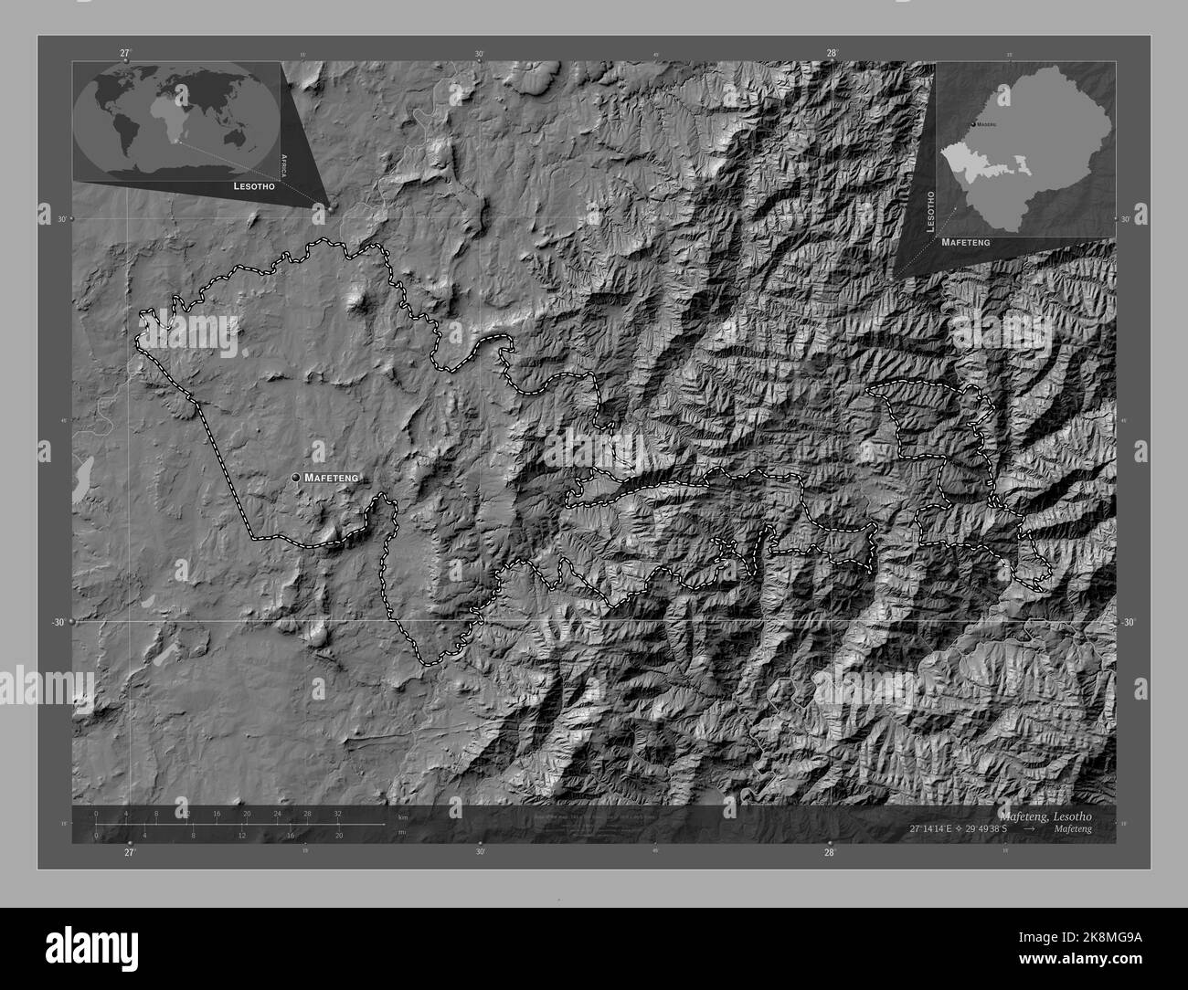Mafeteng, district of Lesotho. Bilevel elevation map with lakes and ...