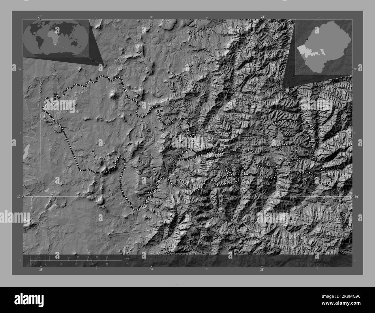 Mafeteng, district of Lesotho. Bilevel elevation map with lakes and ...