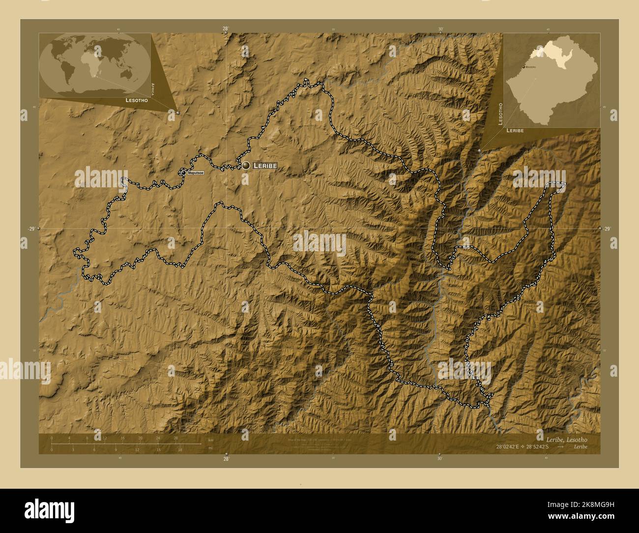 Leribe, district of Lesotho. Colored elevation map with lakes and ...