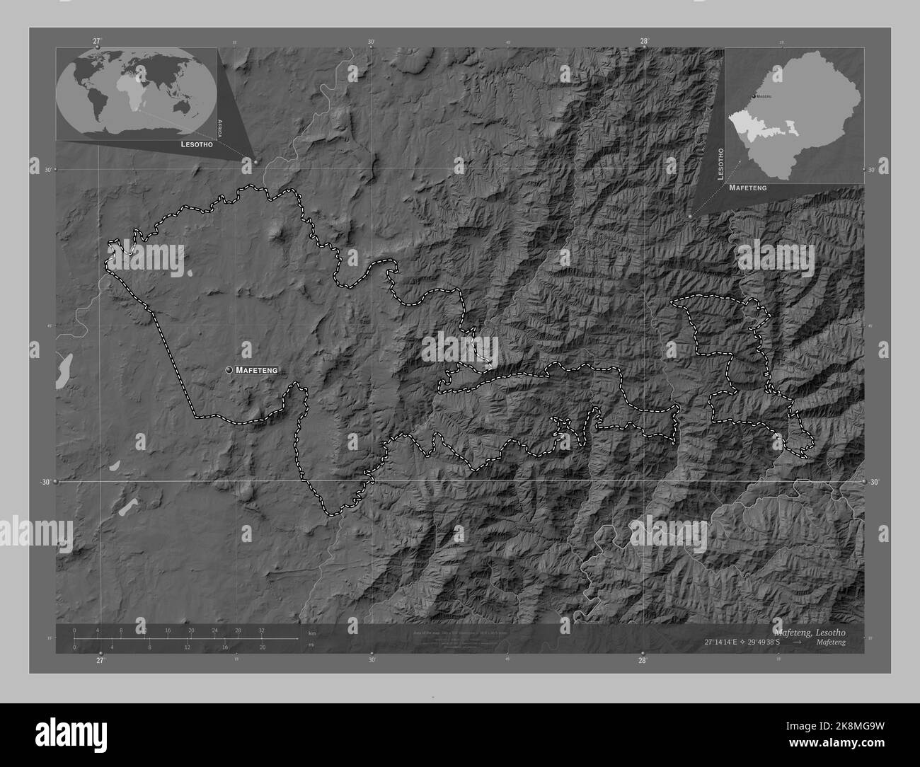 Mafeteng, district of Lesotho. Grayscale elevation map with lakes and ...