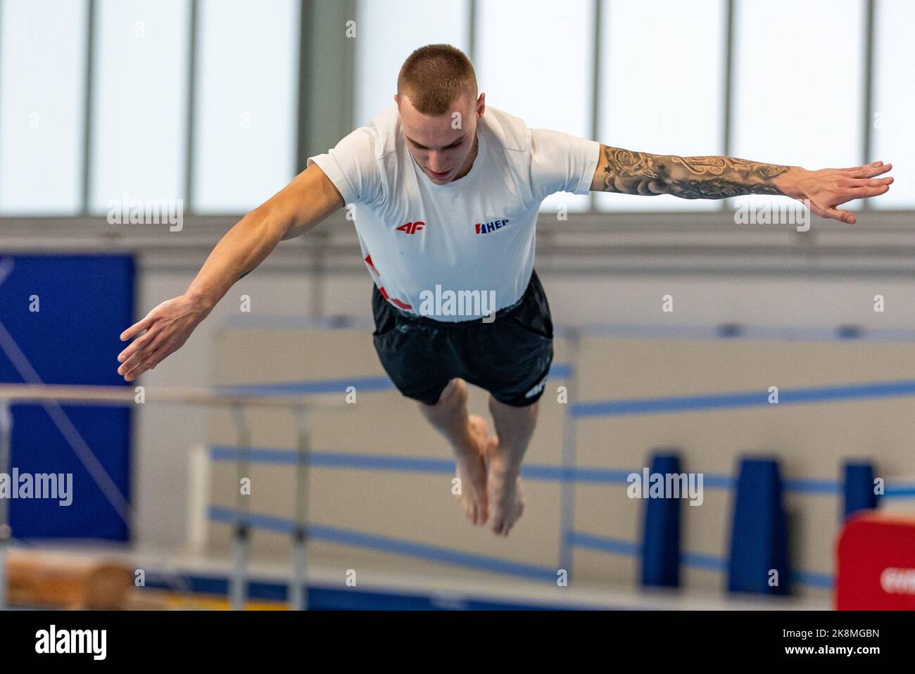Croatian gymnast Aurel Benovic show his skills before the press ...