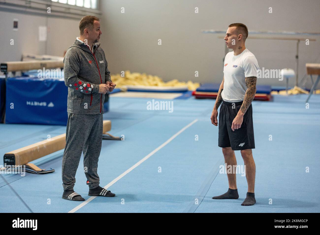 Croatian gymnast Aurel Benovic show his skills before the press ...