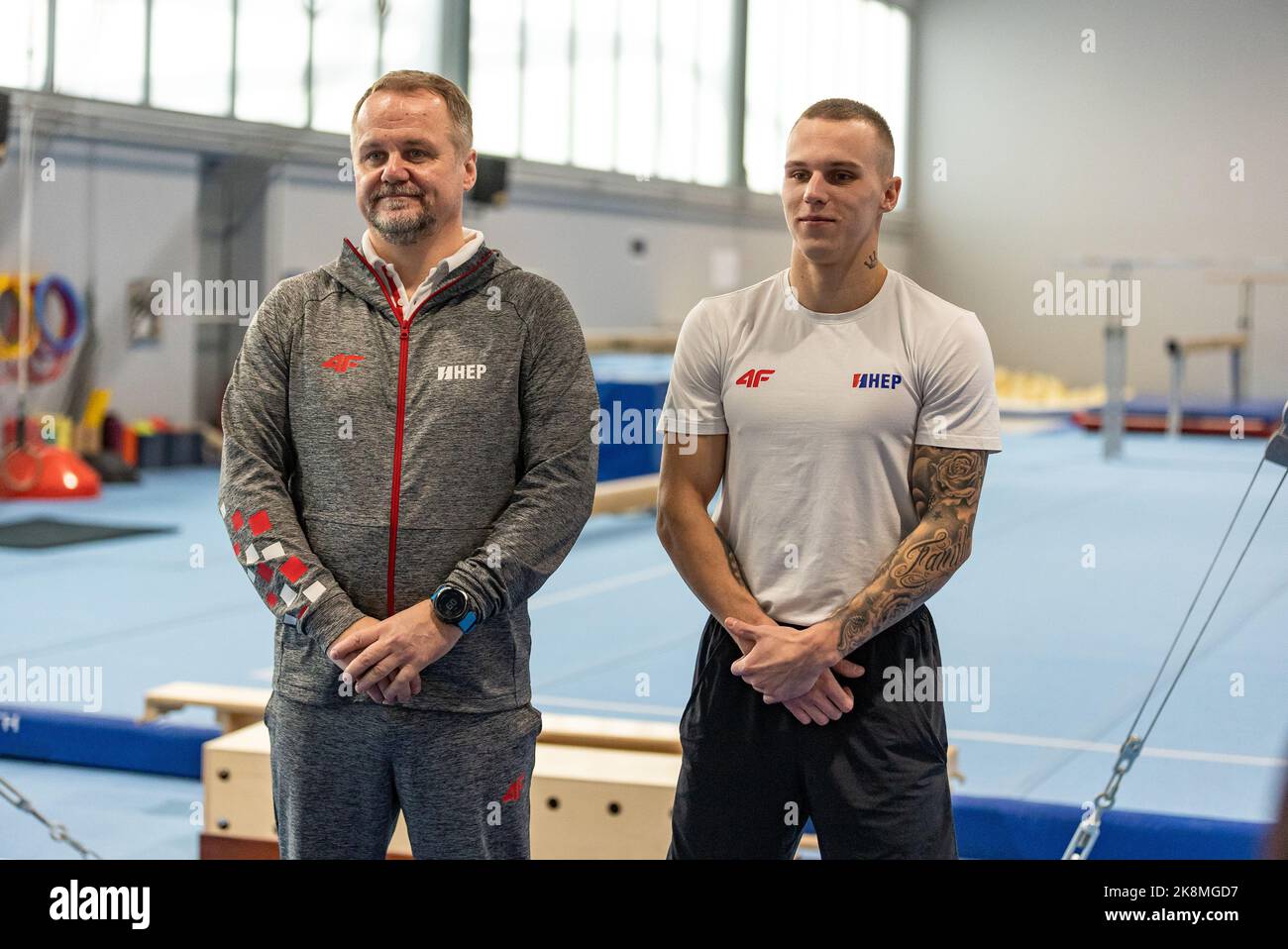 Croatian gymnast Aurel Benovic with his coach Vladimir Madjarevic ...
