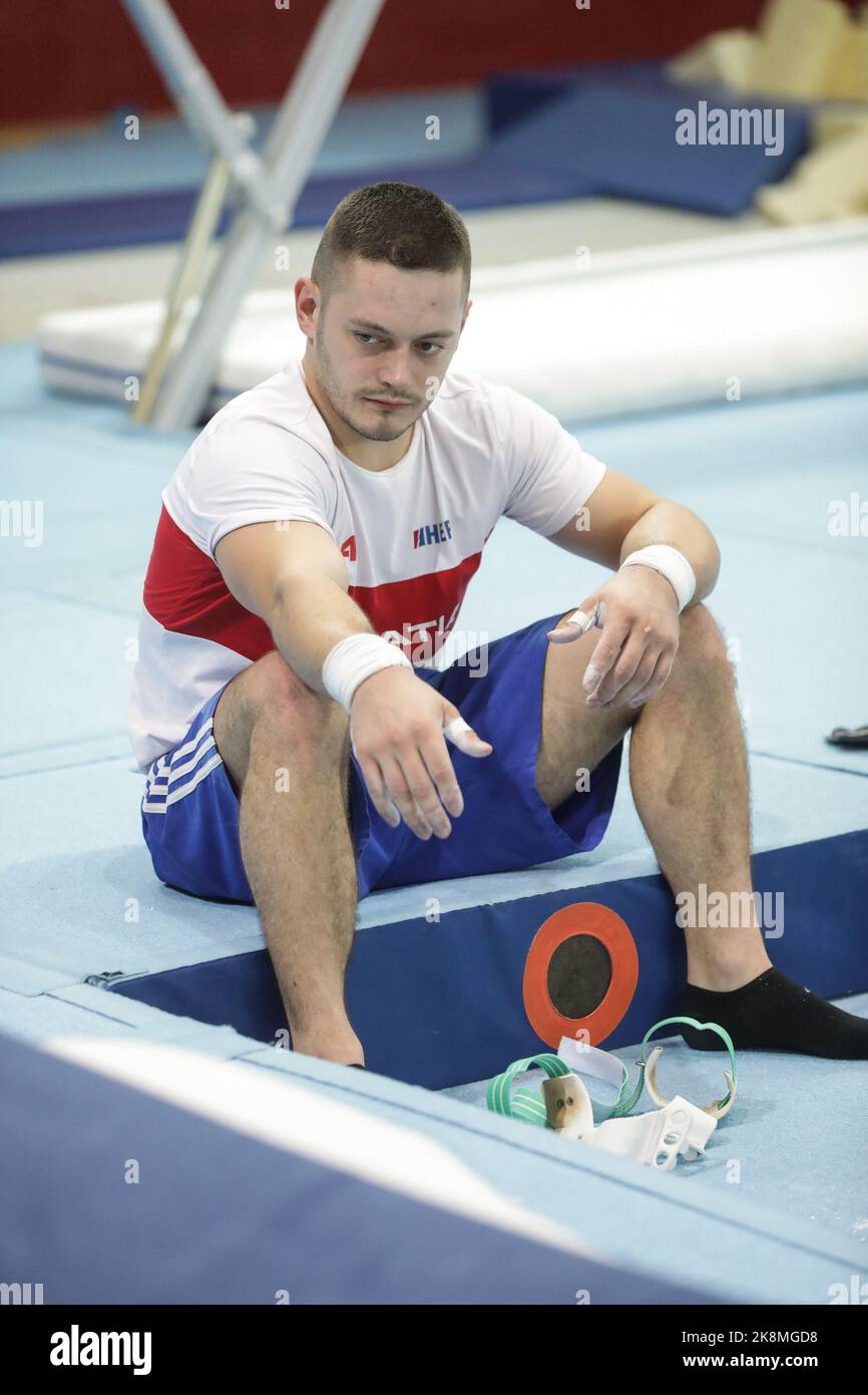 Croatian gymnast Tin Srbic show his skills before the press conference ...