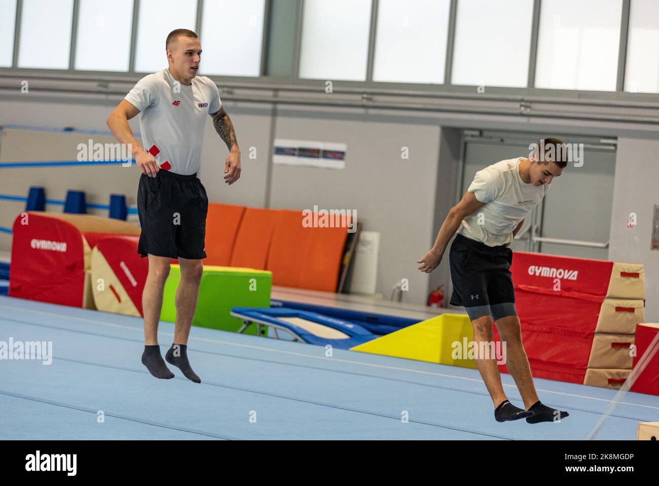 Croatian gymnast Aurel Benovic show his skills before the press ...