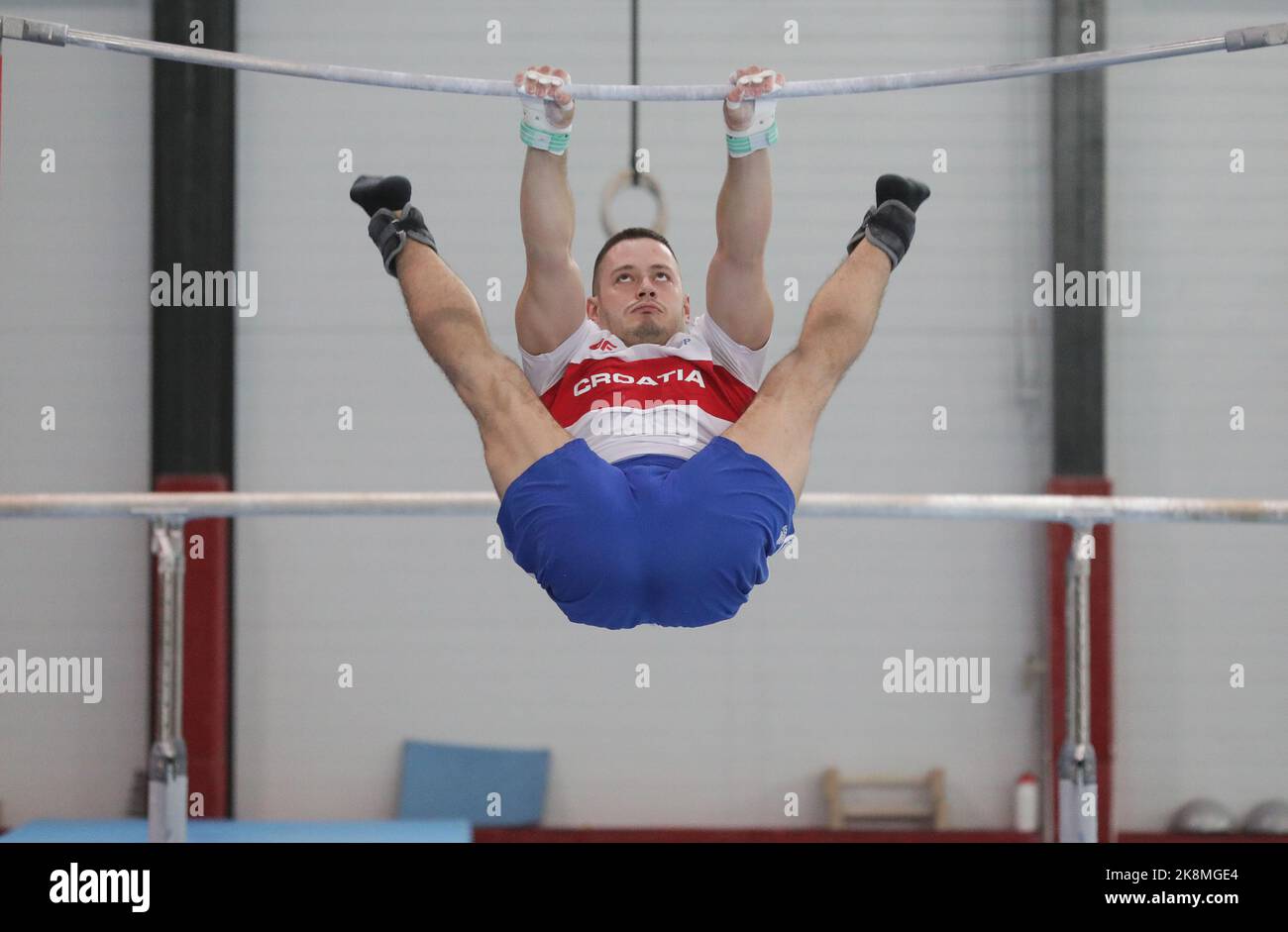 Croatian gymnast Tin Srbic show his skills before the press conference ...