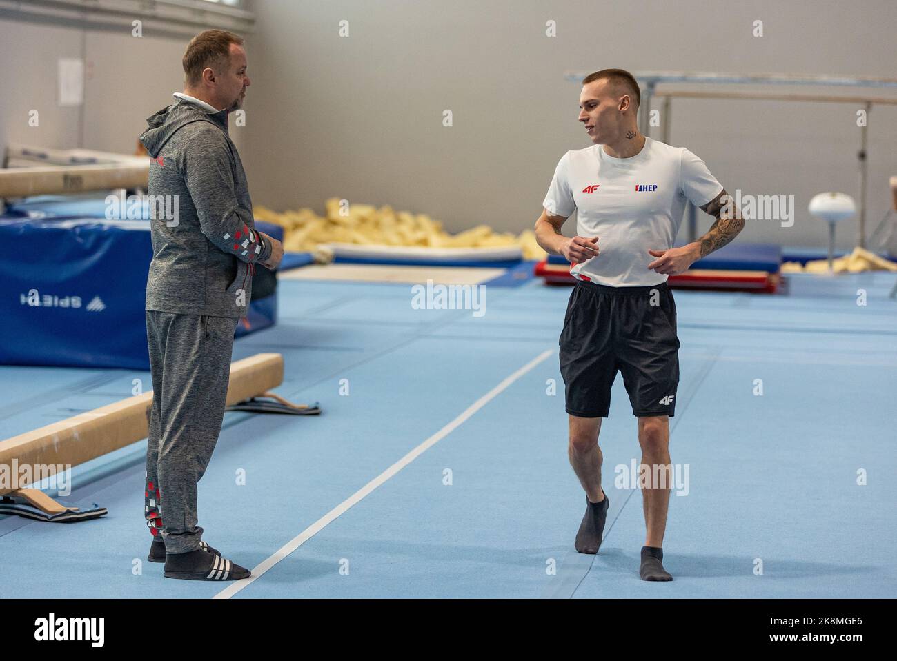 Croatian gymnast Aurel Benovic show his skills before the press ...