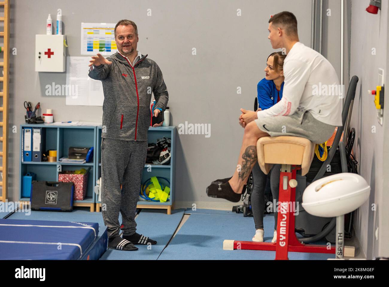 Croatian gymnast Aurel Benovic show his skills before the press ...