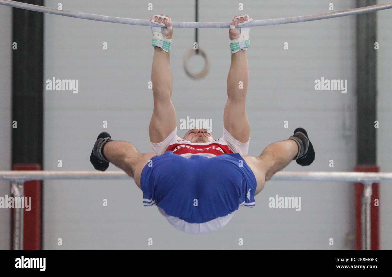 Croatian gymnast Tin Srbic show his skills before the press conference ...