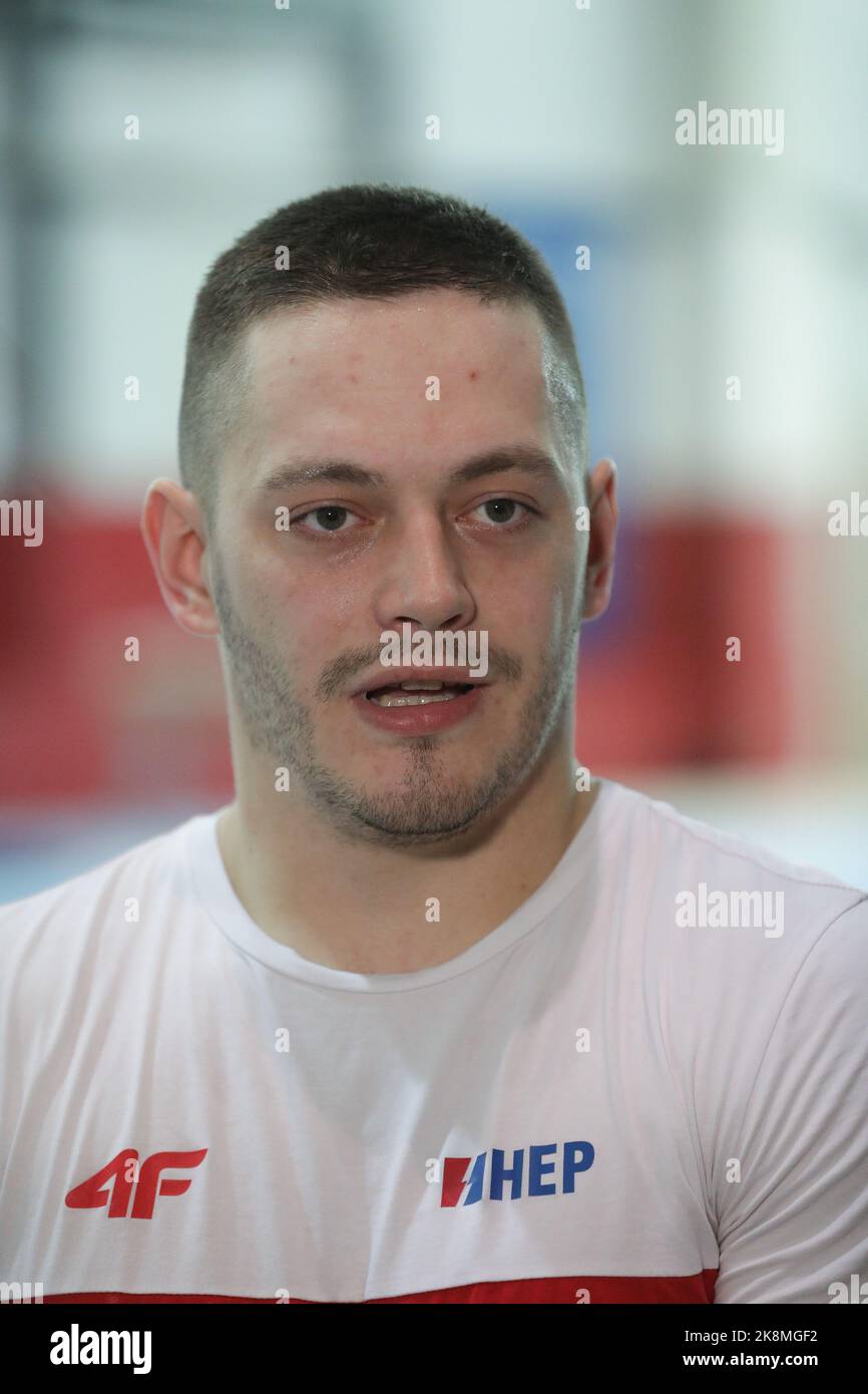 Croatian gymnast Tin Srbic speaks during a press conference ahead 2022 ...