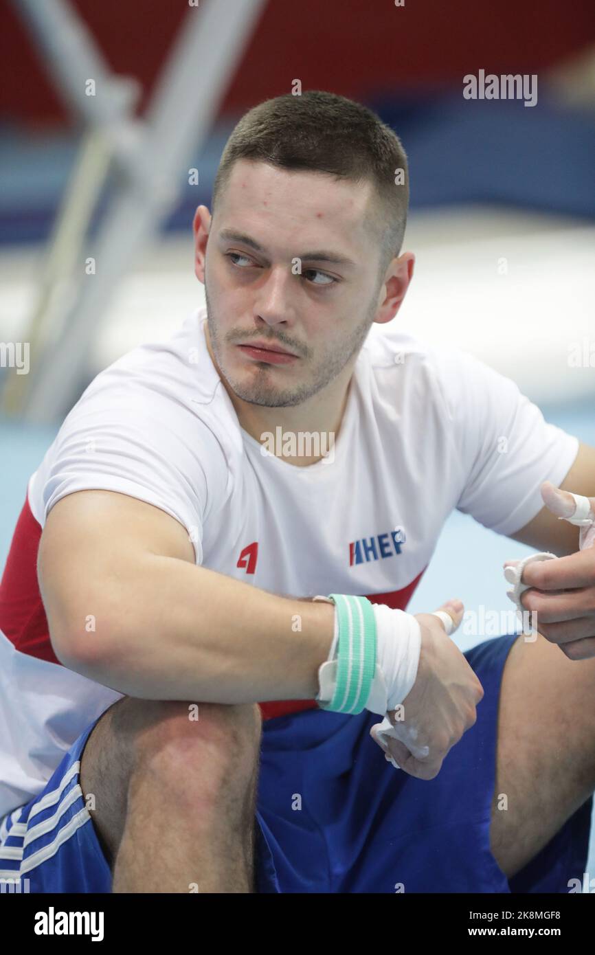 Croatian gymnast Tin Srbic show his skills before the press conference ...