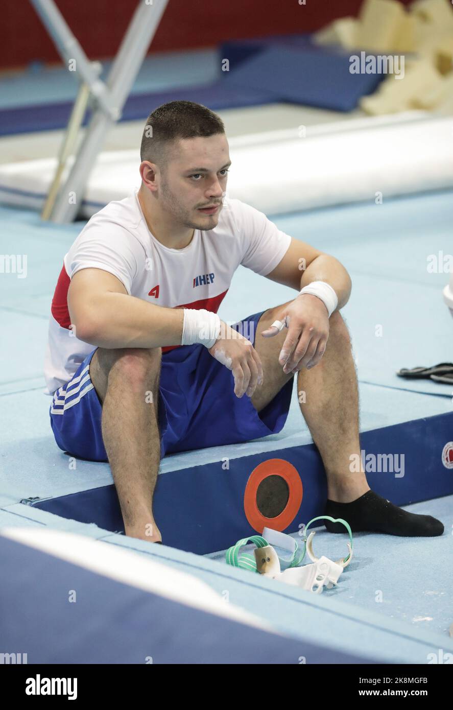 Croatian gymnast Tin Srbic show his skills before the press conference ...