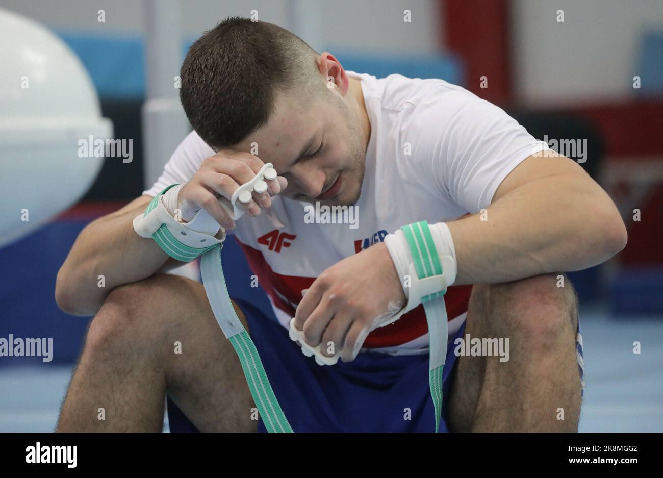 Croatian gymnast Tin Srbic show his skills before the press conference ...