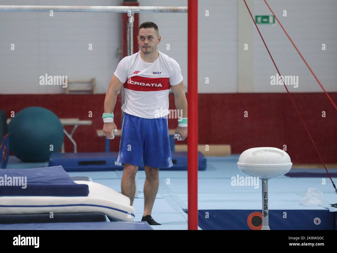 Croatian gymnast Tin Srbic show his skills before the press conference ...