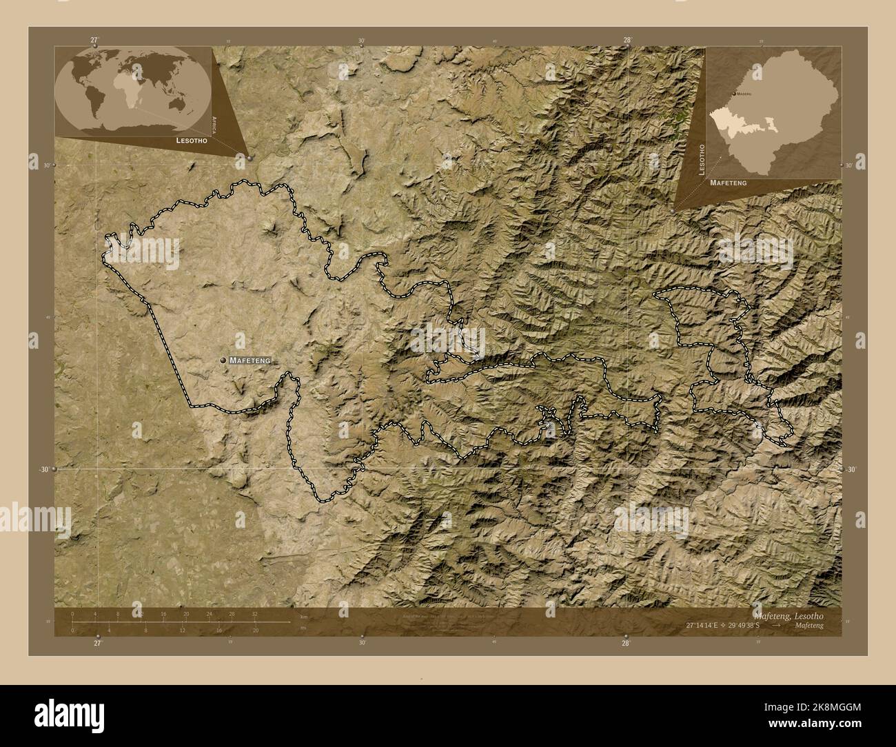 Mafeteng, district of Lesotho. Low resolution satellite map. Locations ...