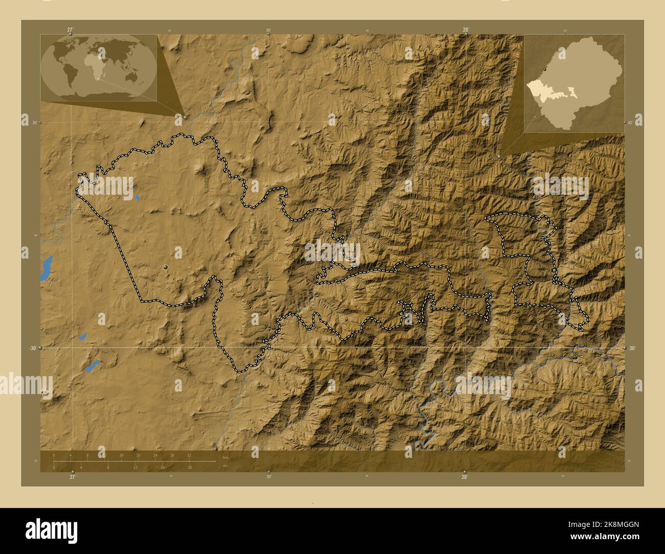 Mafeteng, district of Lesotho. Colored elevation map with lakes and ...