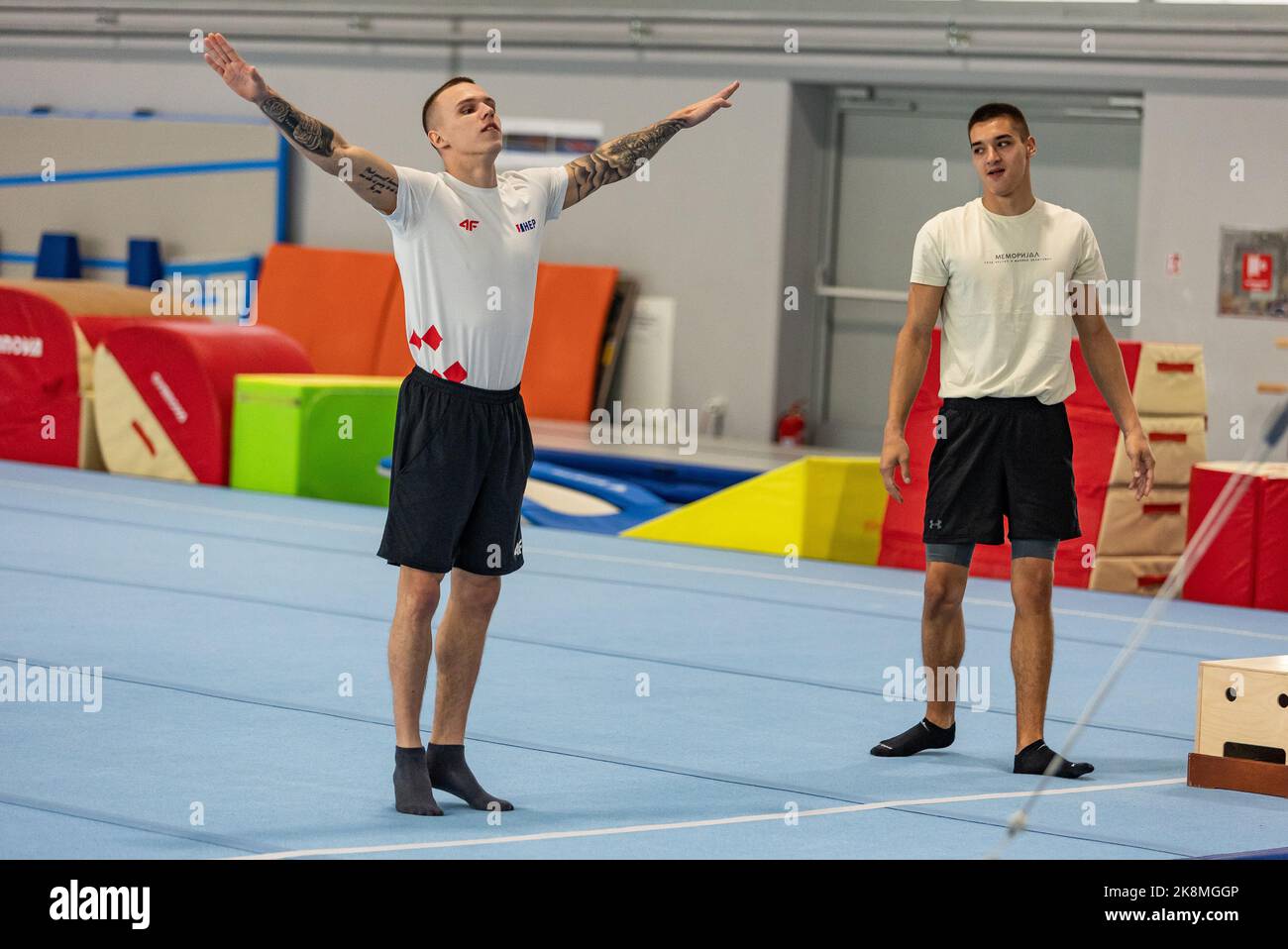 Croatian gymnast Aurel Benovic show his skills before the press ...