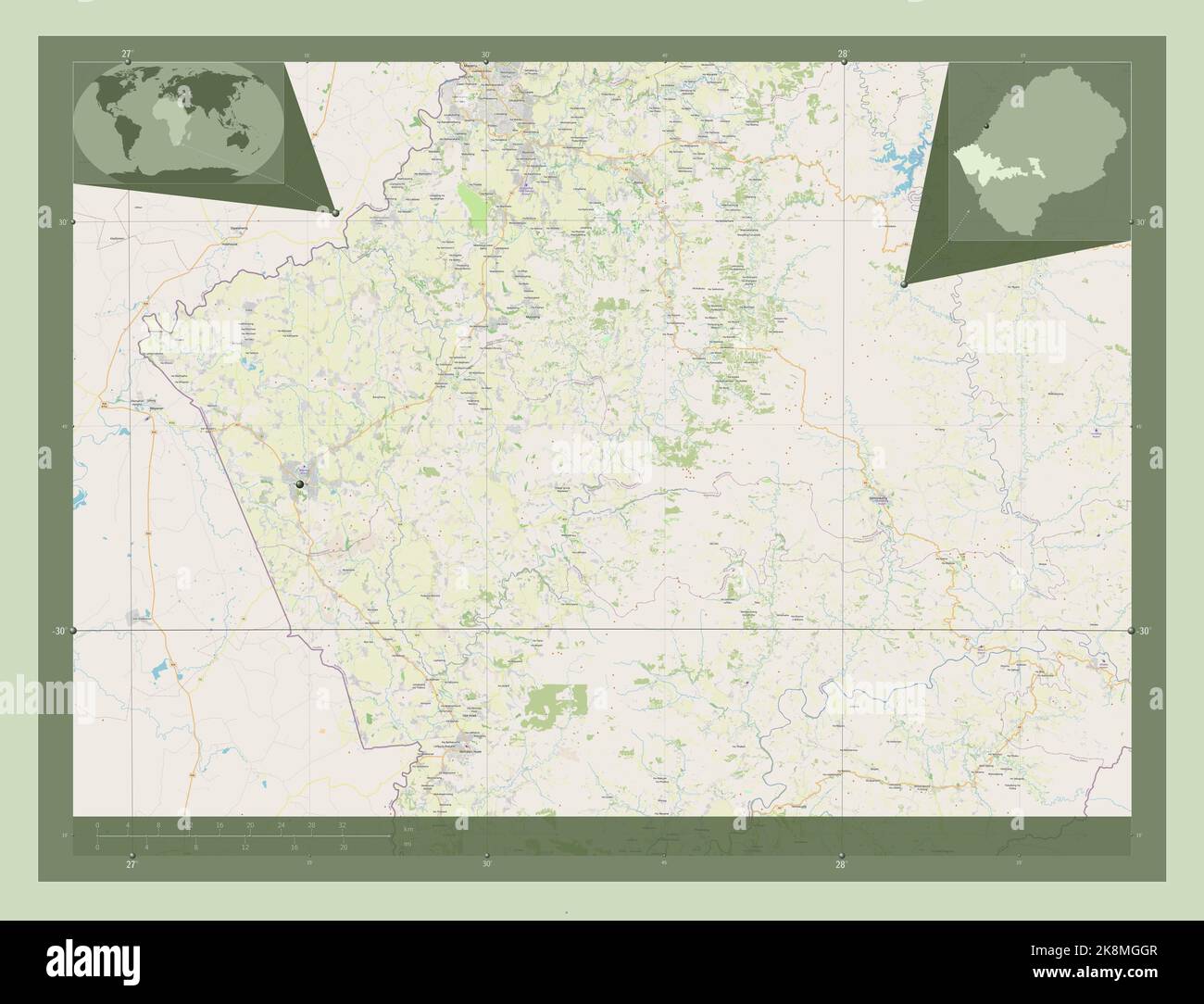 Mafeteng, district of Lesotho. Open Street Map. Locations of major ...