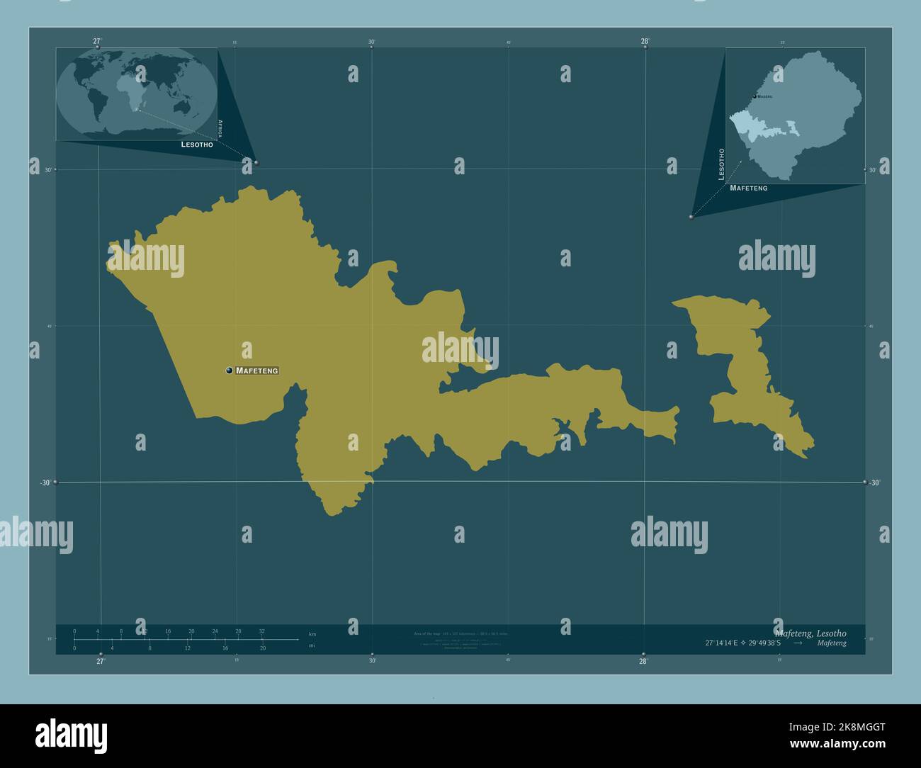 Mafeteng, district of Lesotho. Solid color shape. Locations and names ...