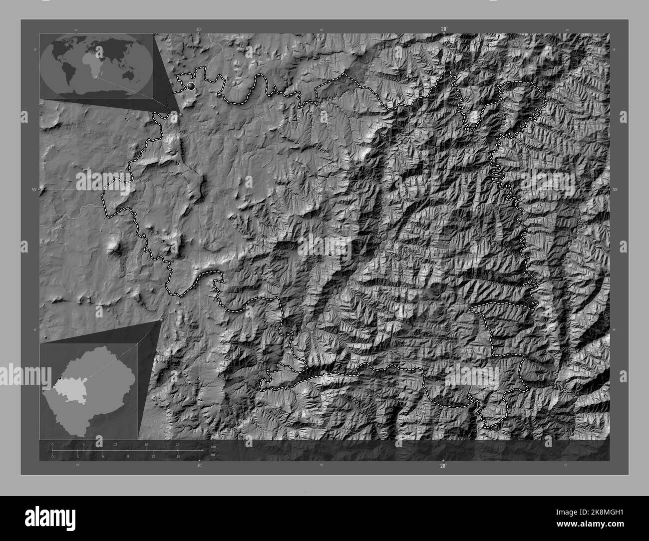 Maseru, district of Lesotho. Bilevel elevation map with lakes and ...