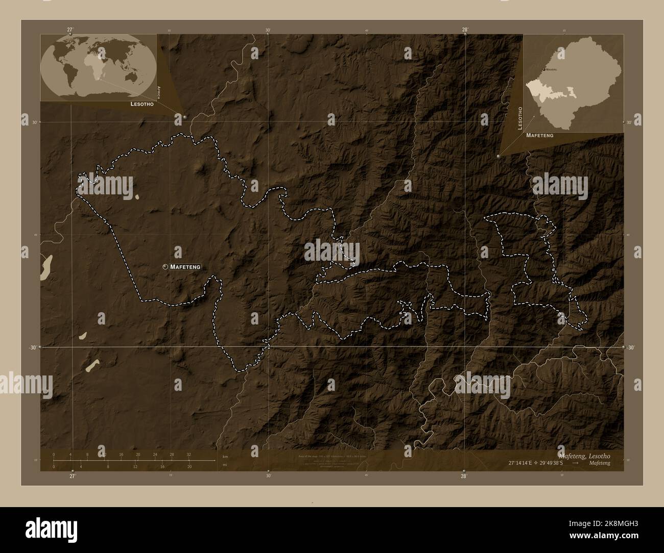 Mafeteng, district of Lesotho. Elevation map colored in sepia tones ...