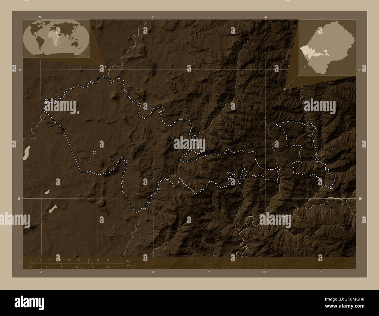 Mafeteng, district of Lesotho. Elevation map colored in sepia tones ...