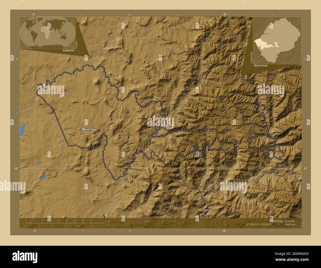Mafeteng, district of Lesotho. Colored elevation map with lakes and ...
