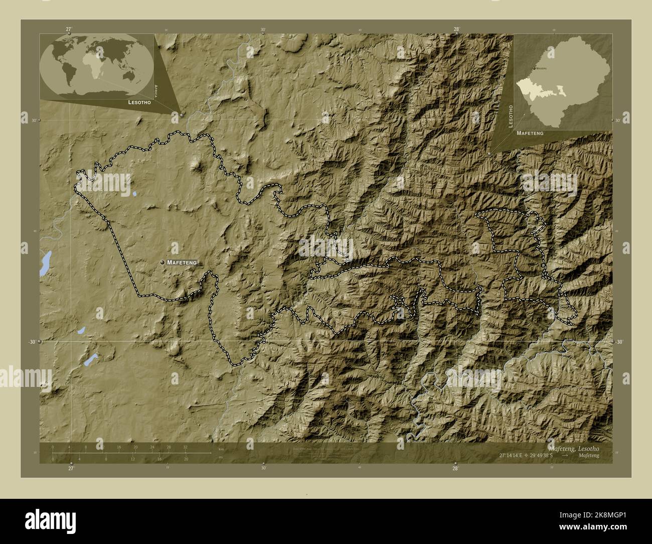 Mafeteng, district of Lesotho. Elevation map colored in wiki style with ...