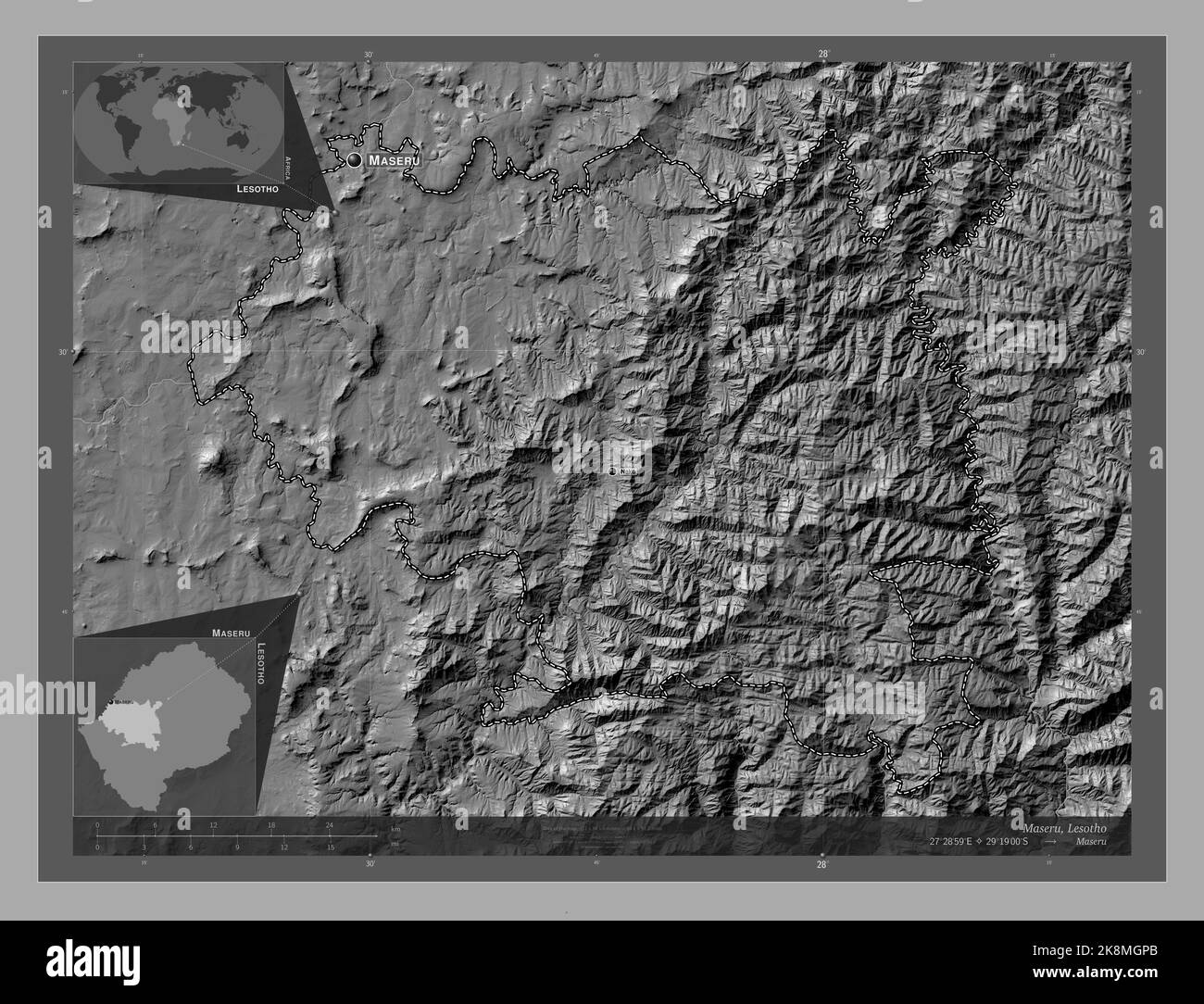 Maseru, district of Lesotho. Bilevel elevation map with lakes and ...