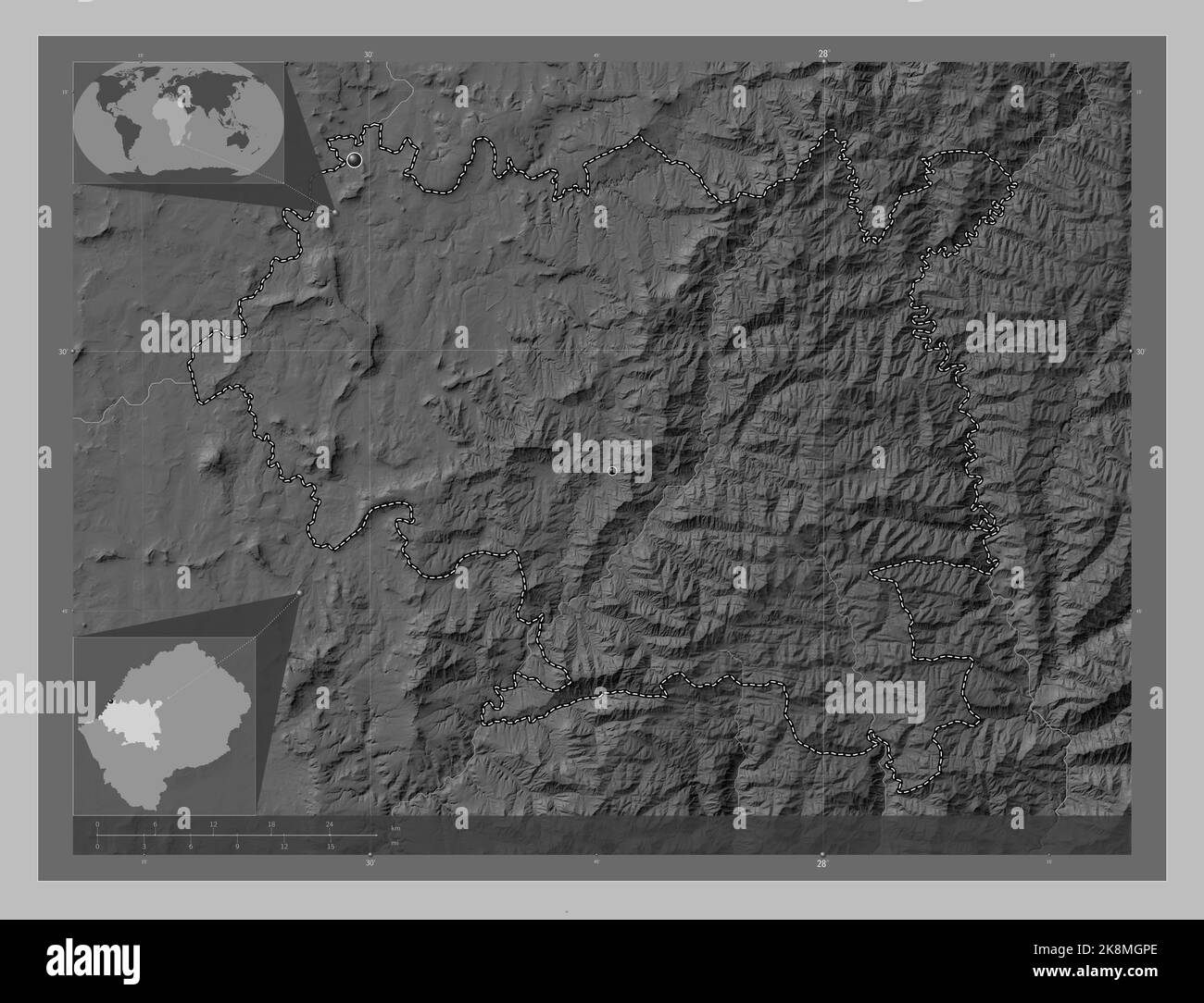 Maseru, district of Lesotho. Grayscale elevation map with lakes and ...