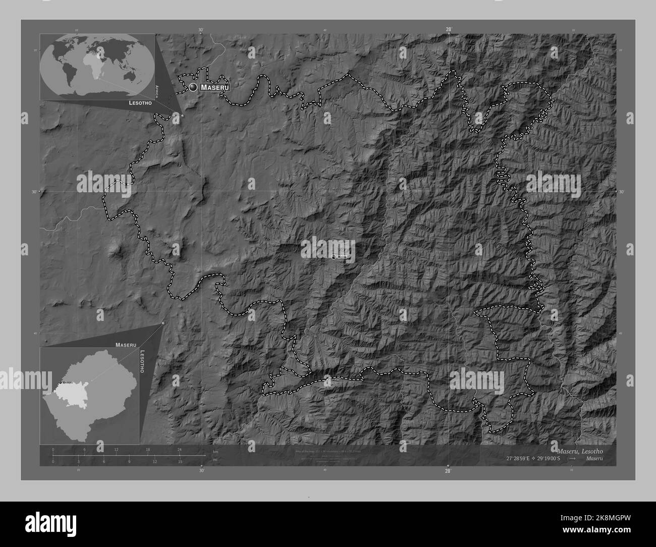 Maseru, district of Lesotho. Grayscale elevation map with lakes and ...