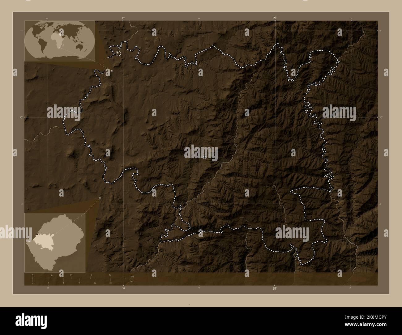 Maseru, district of Lesotho. Elevation map colored in sepia tones with ...