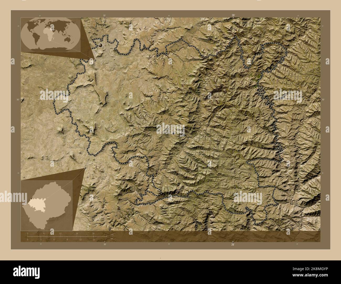Maseru, district of Lesotho. Low resolution satellite map. Locations of ...