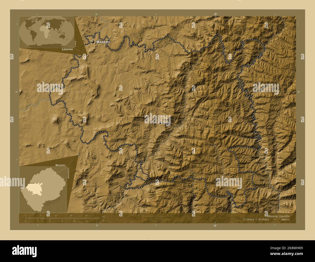 Maseru, district of Lesotho. Colored elevation map with lakes and ...