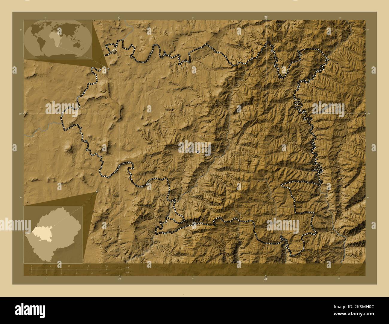 Maseru, district of Lesotho. Colored elevation map with lakes and ...