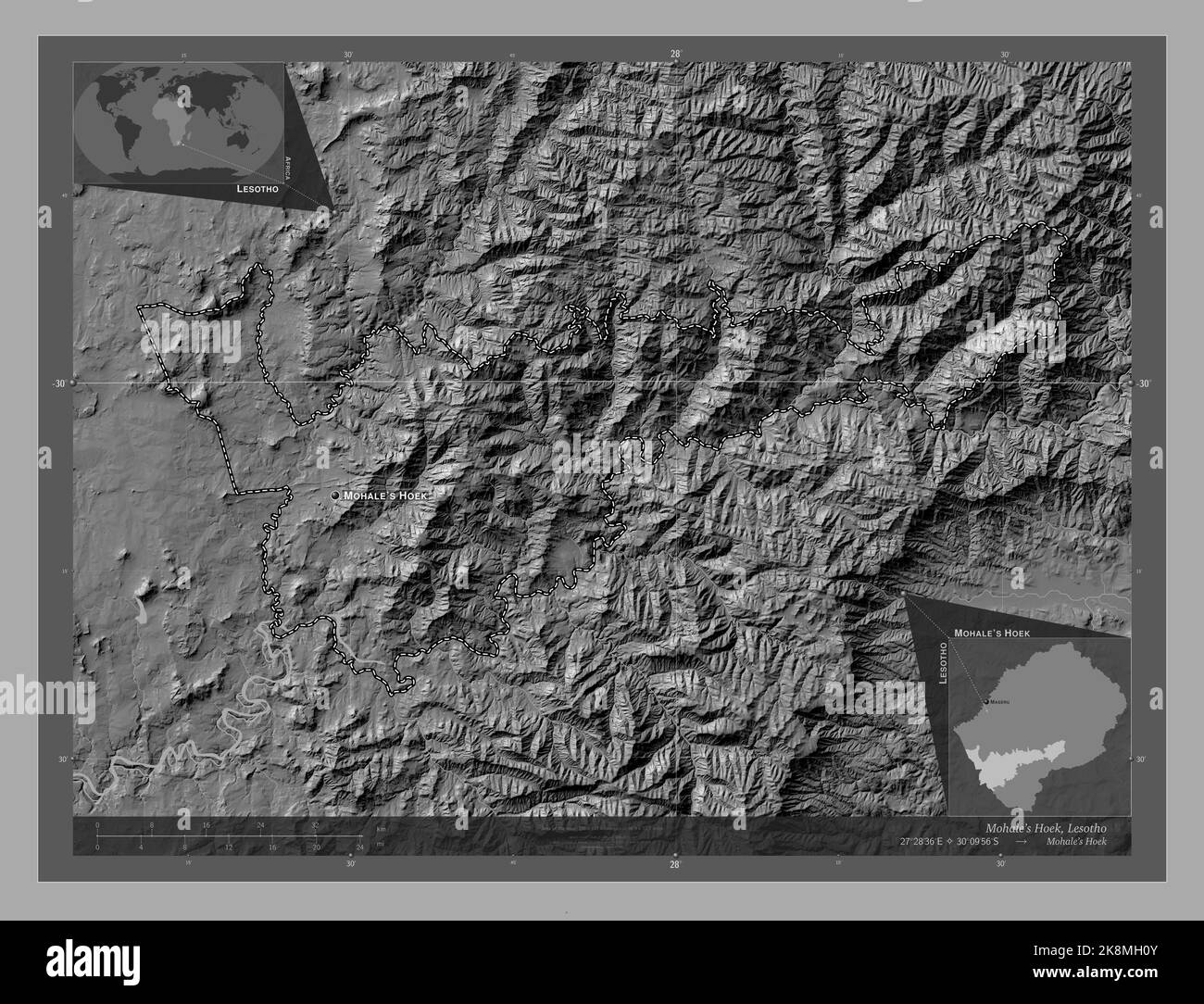 Mohale's Hoek, district of Lesotho. Bilevel elevation map with lakes ...
