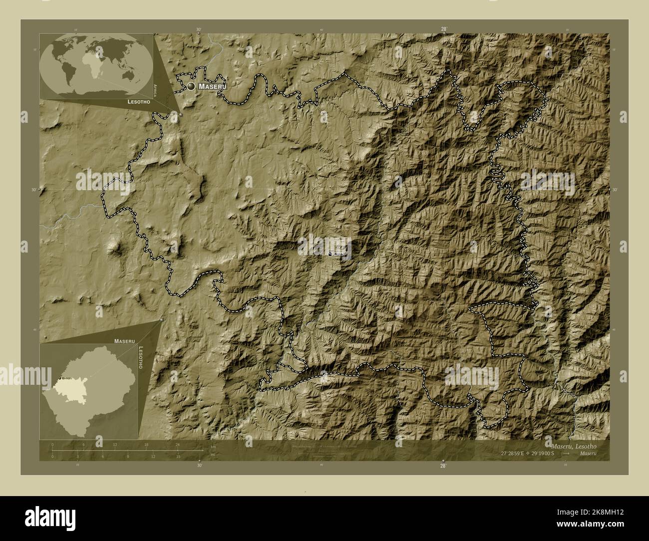 Maseru, district of Lesotho. Elevation map colored in wiki style with ...