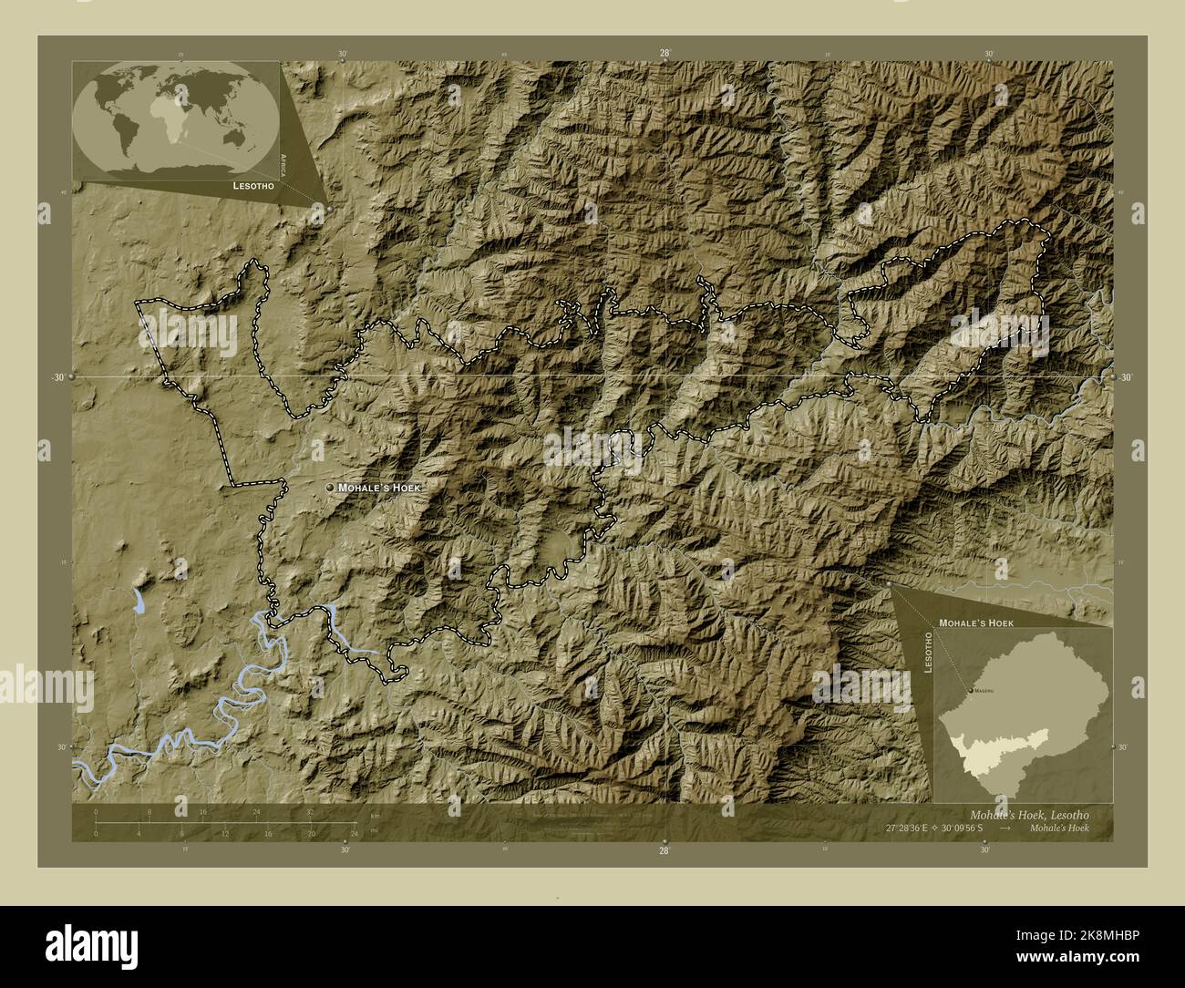 Mohale's Hoek, district of Lesotho. Elevation map colored in wiki style ...