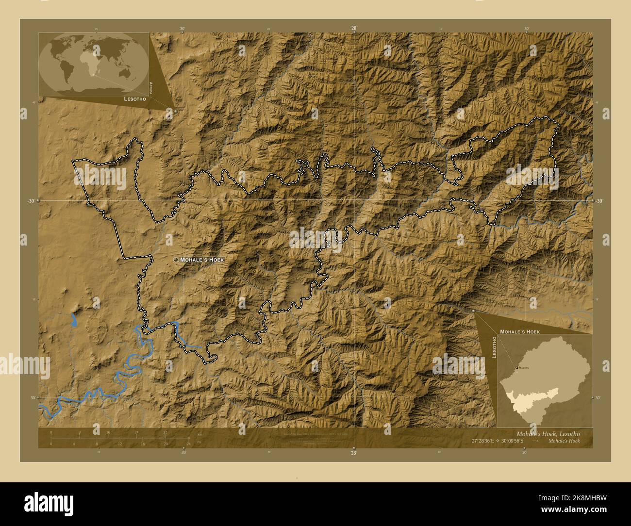 Mohale's Hoek, district of Lesotho. Colored elevation map with lakes ...