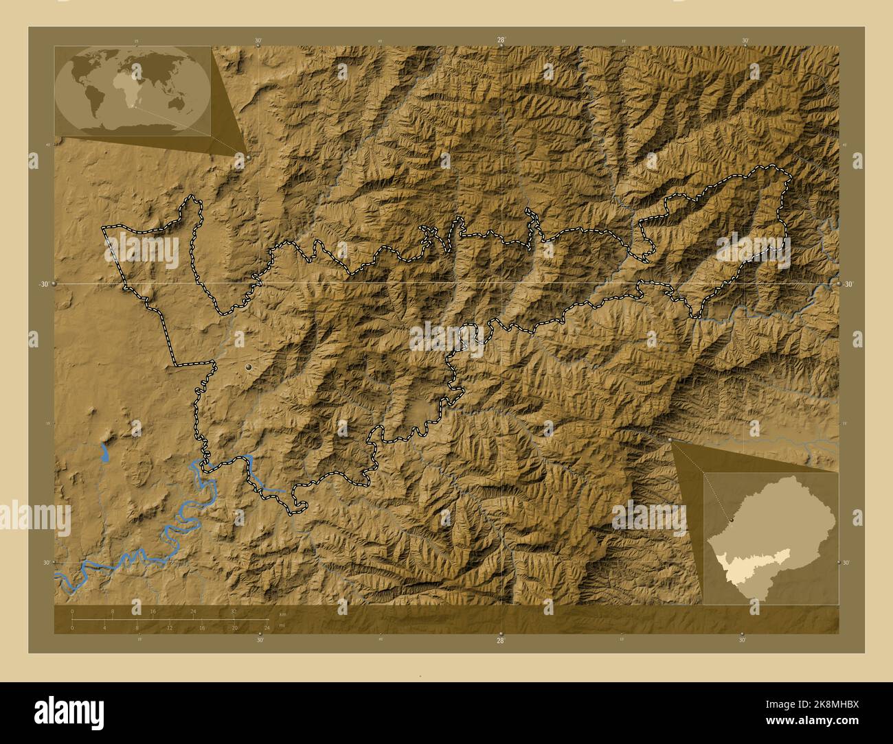 Mohale's Hoek, district of Lesotho. Colored elevation map with lakes ...