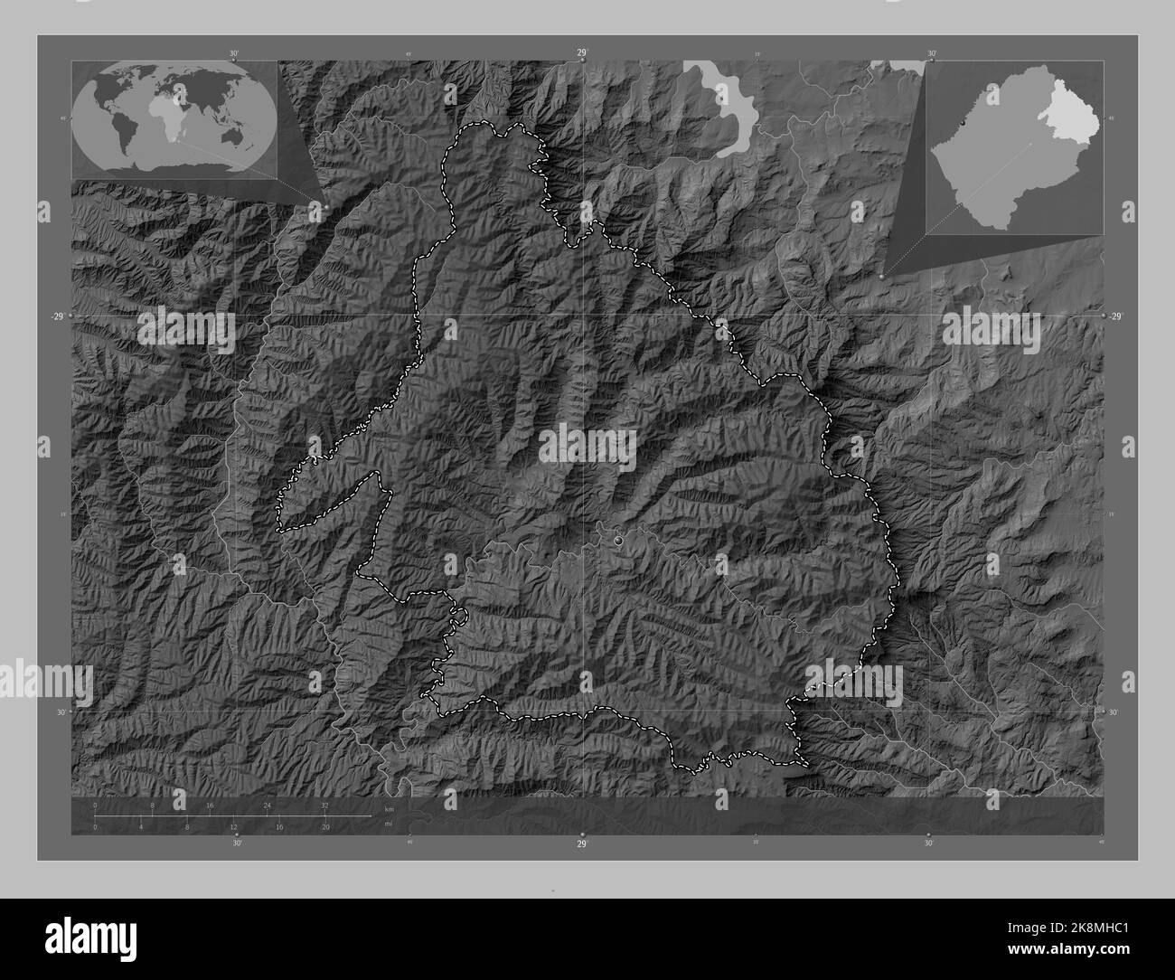 Mokhotlong, district of Lesotho. Grayscale elevation map with lakes and ...