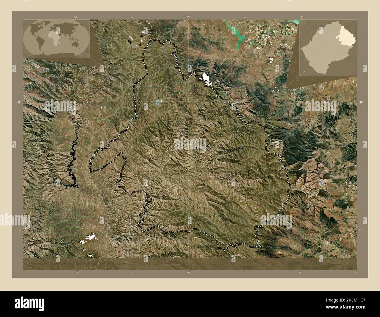 Mokhotlong, district of Lesotho. High resolution satellite map. Corner ...