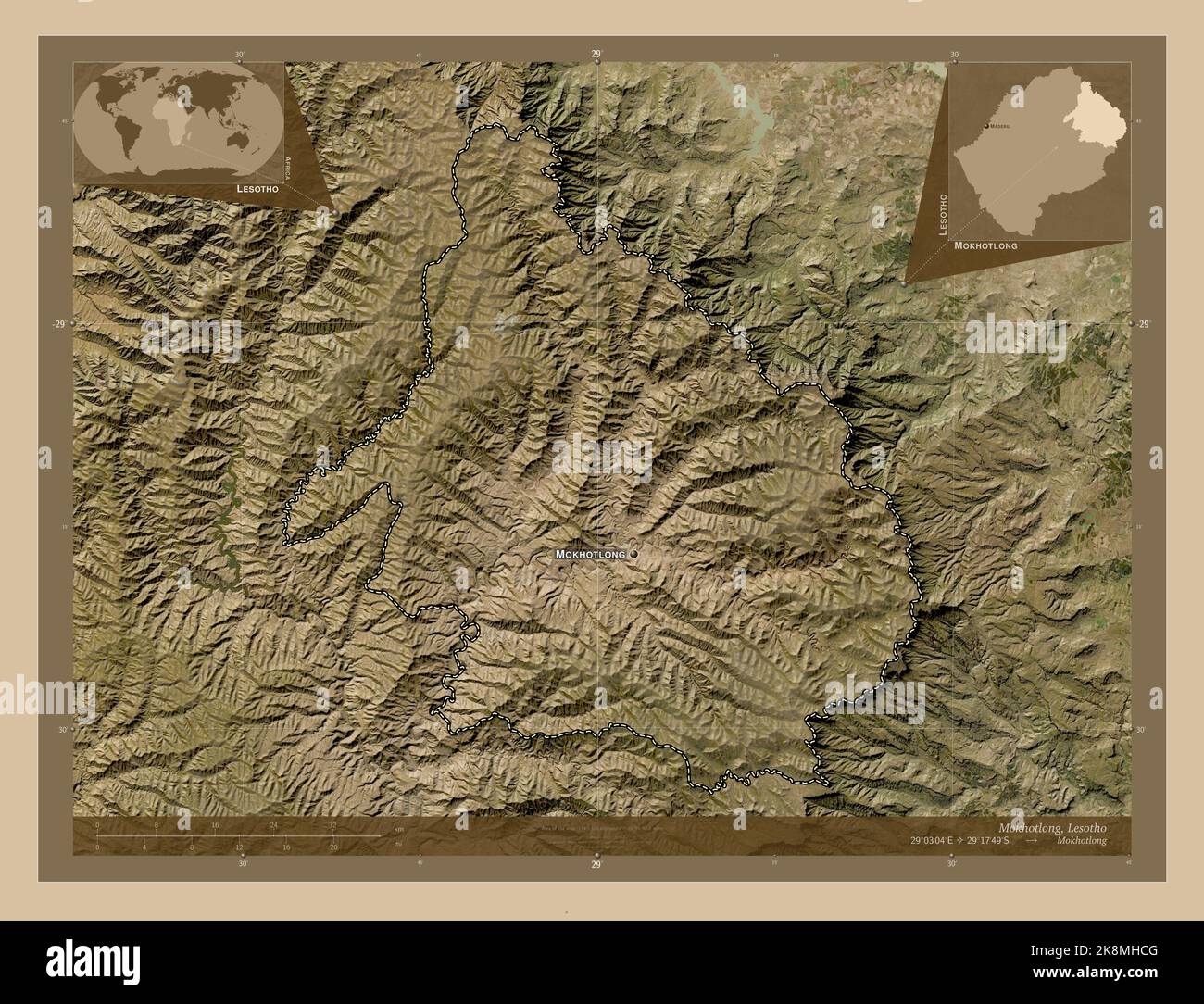 Mokhotlong, district of Lesotho. Low resolution satellite map ...