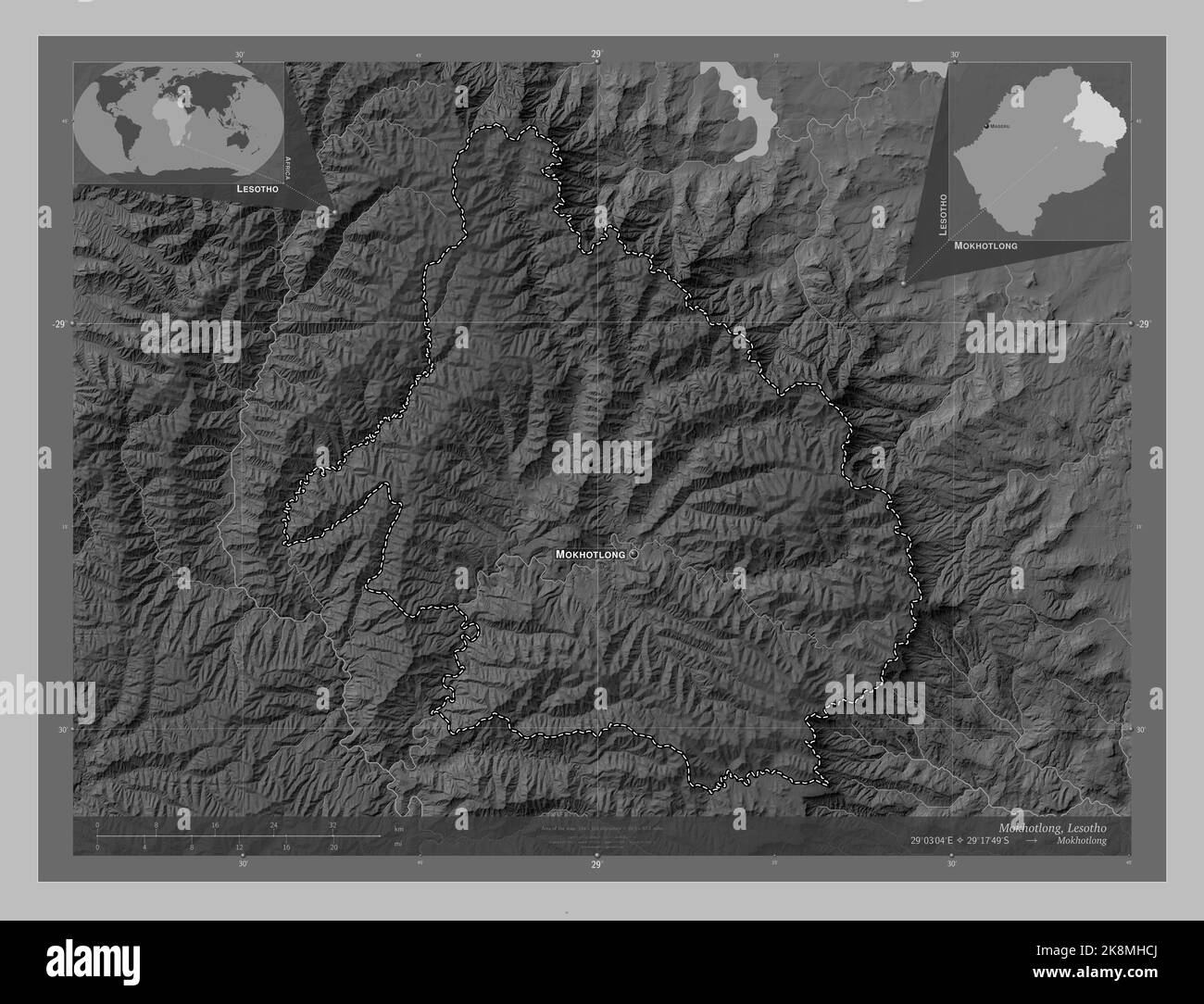 Mokhotlong, district of Lesotho. Grayscale elevation map with lakes and ...