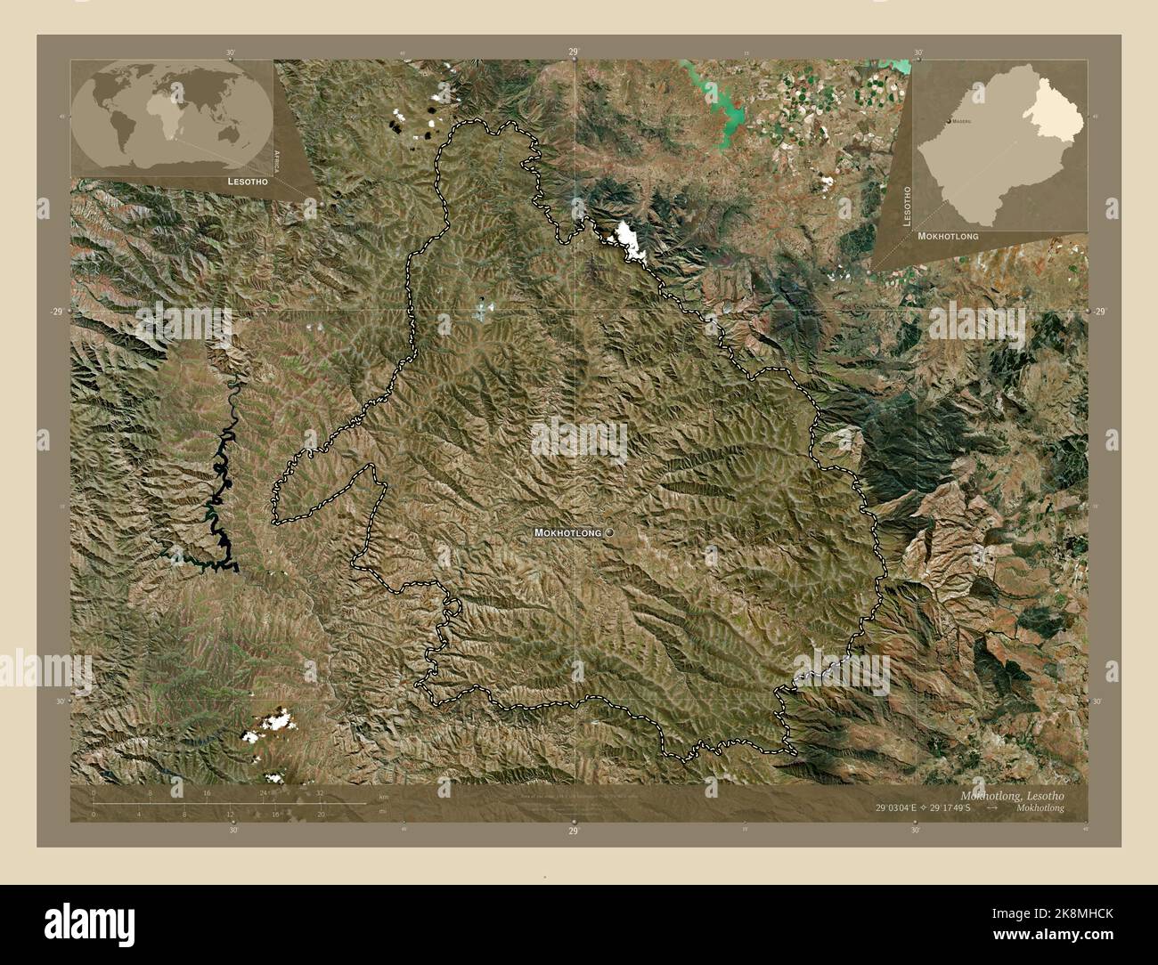 Mokhotlong, district of Lesotho. High resolution satellite map ...