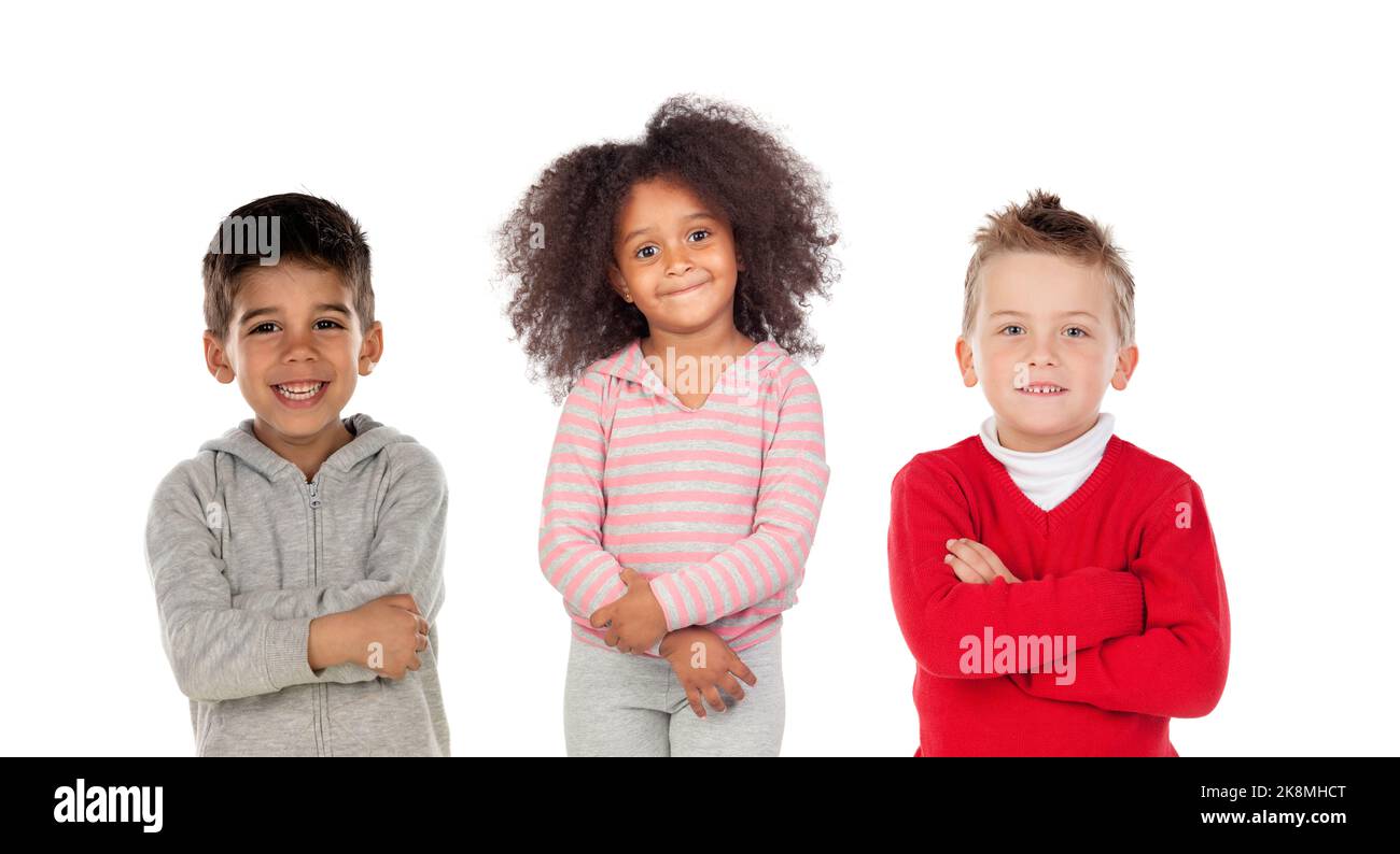 Different children looking at camera isolated on a white background ...