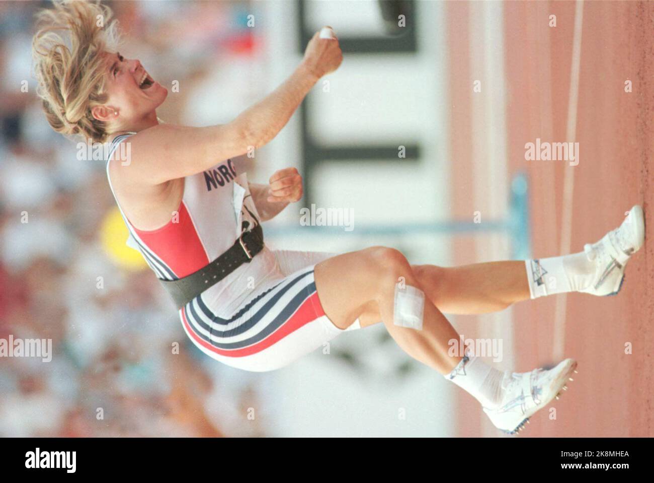 Athens. Trine Hattestad photographed in her winning throw in Athens on ...