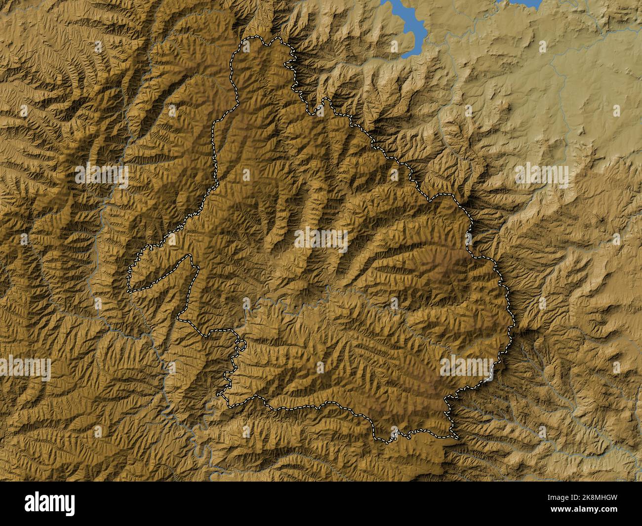 Mokhotlong, district of Lesotho. Colored elevation map with lakes and ...