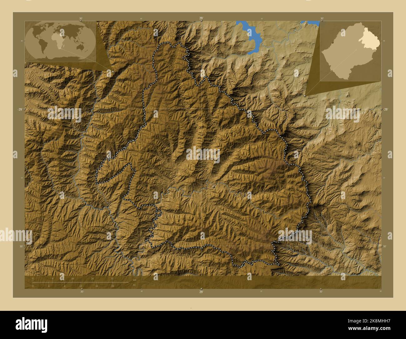 Mokhotlong, district of Lesotho. Colored elevation map with lakes and ...